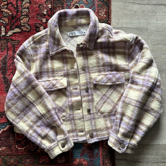 Zara | Jackets & Coats | Zara Cropped Plaid Jacket Shacket Purple Cream ...